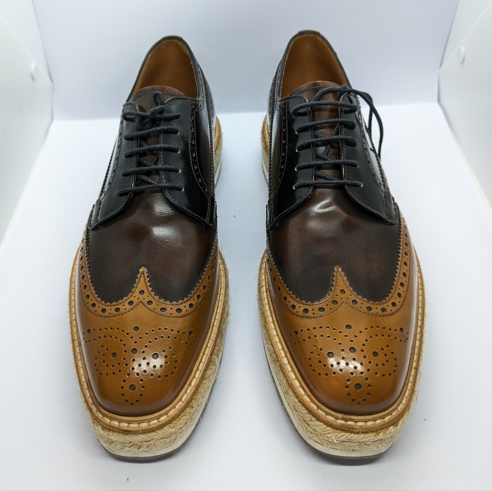 Prada Mens Raffia Platform Varnished Brogues - Gem